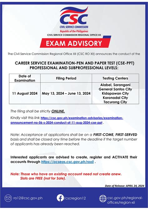 Exam Advisory The Civil Service Commission Regional Office Xii Csc Ro Xii Announces The