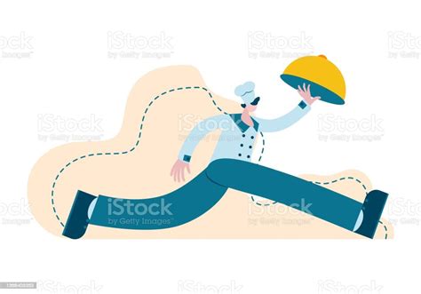 전문 셰프가 고객에게 기본 메뉴를 제공하기 위해 서두르고 있습니다 유행 스타일의 트레이와 함께 실행 하는 캐릭터의 만화 그림