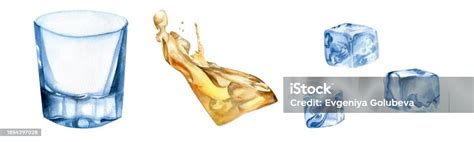 수채화 빈 투명 유리 움직이는 위스키 및 얼음 조각 바 메뉴 레스토랑 디자인에 대 한 손으로 그린 음료 세트 마시는 유리 클립