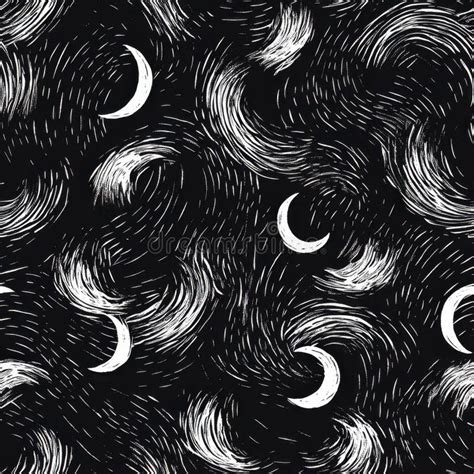Abstract Night Sky With Crescent Moons And Swirling Patterns In Black
