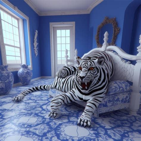 Premium Ai Image A White Tiger Laying On A Bed In A Room