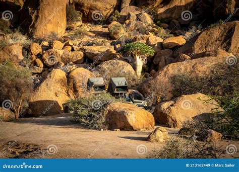 Classic Campground Along The Mountains Of Spitzkoppe In Namibia Stock