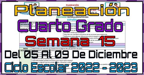 Planeación Del Cuarto Grado De Primaria De La Semana 15 Del 05 Al 09 De