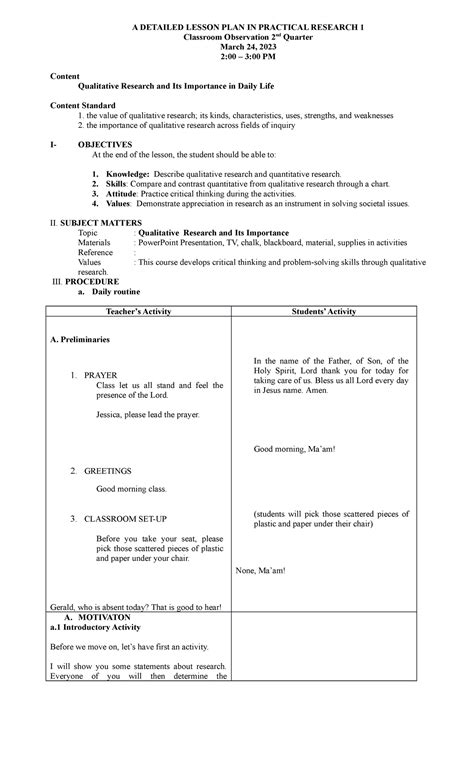 Cot Dlp Grace Dlp A Detailed Lesson Plan In Practical Research 1