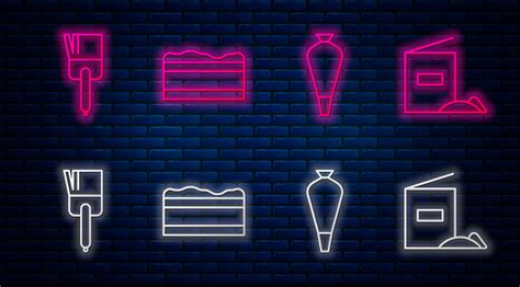 세트 라인 브라우니 초콜릿 케이크 케이크 장식용 생과자 가방 주방 브러시 및 밀가루 팩 벽돌 벽에 빛나는 네온 아이콘 벡터 가방에 대한 스톡 벡터 아트 및 기타 이미지