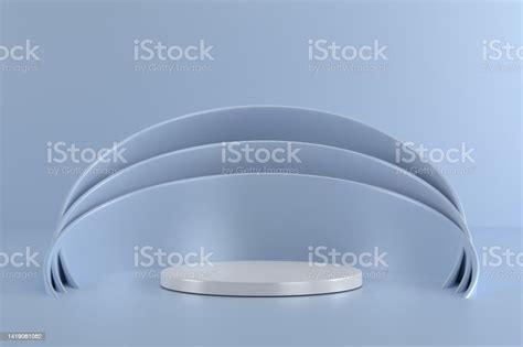3d 그림 모형 연단 제품을위한 기하학적 추상적 인 구성 또는 파란색 배경에 광고 최소 3d 일러스트레이션은 스톡 사진을 렌더링