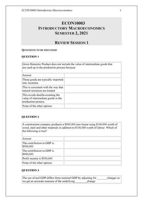 Review Session From Revision Lectures ECON INTRODUCTORY MACROECONOMICS SEMESTER