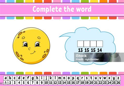 단어를 완료합니다 암호 코드 어휘와 숫자를 학습 교육 워크 시트 영어 공부를 위한 액티비티 페이지 격리된 벡터 그림입니다 만화 캐릭터 가로세로 낱말퍼즐에 대한 스톡 벡터