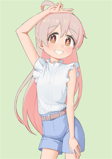 Safebooru 1girl Ahoge Arm Up Bare Arms Belt Blue Shorts Brown Eyes