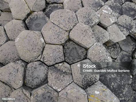 Aerial View Pattern Of Hexagonal Basalt Columns On The Giants Causeway In Northern Ireland Stock