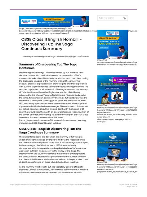 Discovering Tut The Saga Continues Summary Cbse Class 11 English