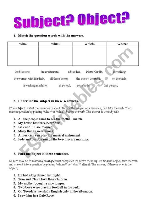 Identifying Subject And Object In A Sentence Worksheet