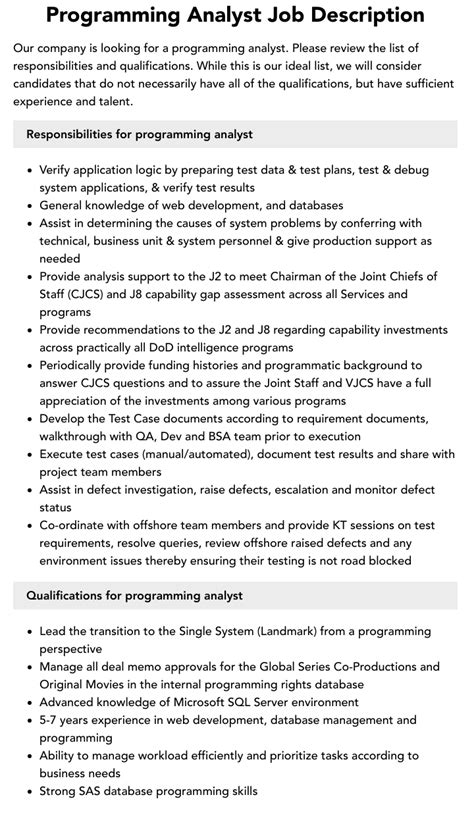Programming Analyst Job Description Velvet Jobs
