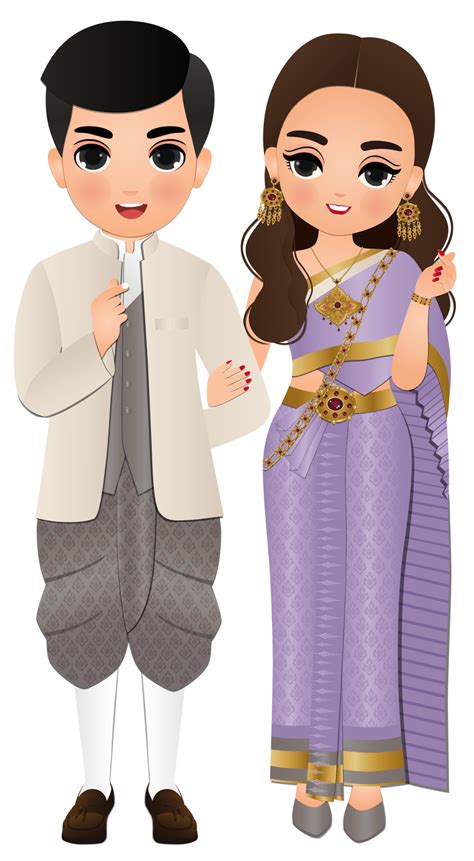 Wedding Invitation Card The Bride And Groom Thai Traditional Cute Couple Cartoon Character