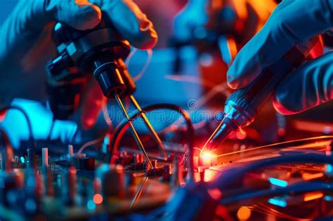 Scientists Testing Equipment Using Microscopes In A Data Center Scientists Testing Equipment Using Microscopes In A Data Center