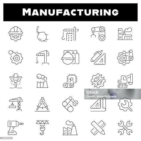 Manufacturing Industry Vector Outline Icon Set Factory And Production