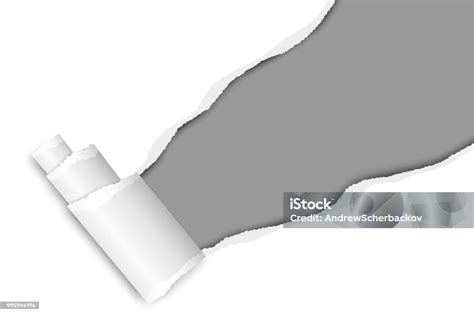 대각선으로 찢어진된 가장자리 그림자 종이 컬 및 회색 배경의 결과 구멍 왼쪽 낮은 오른쪽 상단 모서리에서 흰 종이의 중간 납치 벡터 템플릿 종이 디자인 구멍에 대한 스톡