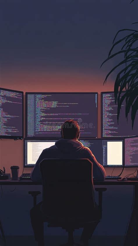 A Programmer Working On Code In A Dark Room Illuminated By Multiple