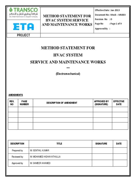 Method Statement For Hvac System Service And Maintenance Works Pdf Hvac Air Conditioning