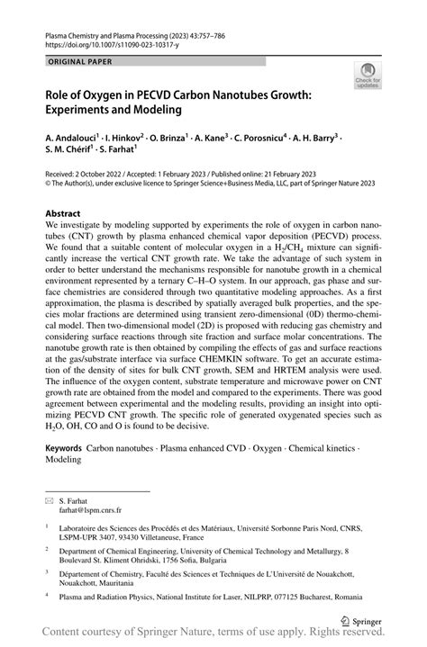 Role Of Oxygen In Pecvd Carbon Nanotubes Growth Experiments And Modeling Request Pdf