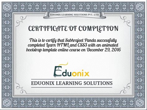 Completion Certificate For Learn Html And Css3 With An Animated