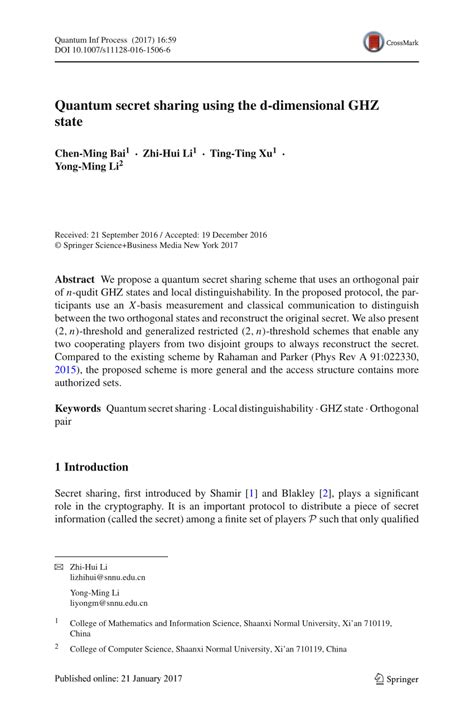 pdf quantum secret sharing using the d dimensional ghz state