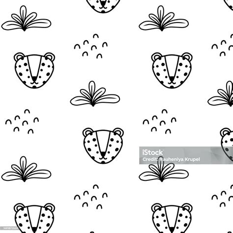 귀여운 표범 머리와 유치한 이음매없는 패턴 낙서 스타일의 표범 패턴 귀여운에 대한 스톡 벡터 아트 및 기타 이미지 귀여운