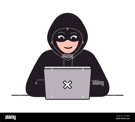 Hacker Character In Black Hoodie With Laptop Computer Cyber Attack And Security Vector