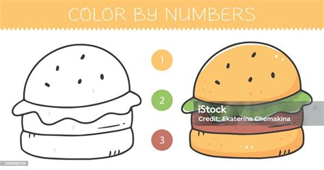 햄버거와 함께 아이들을위한 숫자 색칠 공부 책으로 색칠하십시오 색칠하기 위한 예가 있는 귀여운 만화 햄버거가 있는 색칠 공부 페이지 흑백 및 컬러 버전 벡터 그림입니다 0
