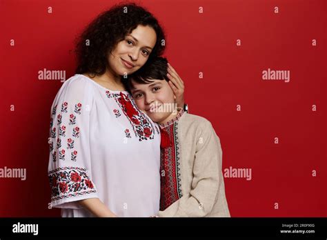 Happy Ethnic Pregnant Woman Expectant Mother Gently Hugging Her Teen