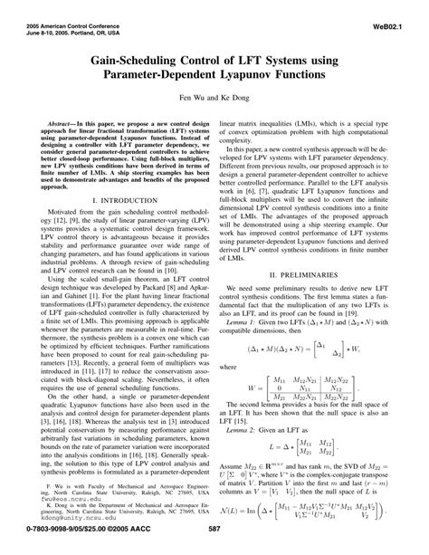 Pdf Gain Scheduled Control Of Lft Systems Using Parameter Dependent