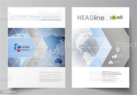 두 개의 A4 형식의 편집 레이아웃의 벡터 일러스트 레이 션 소책자 플라이어 소책자에 대 한 디자인 서식 파일 삼각형 다룹니다 기술 개념입니다 분자 구조 배경 연결입니다 0