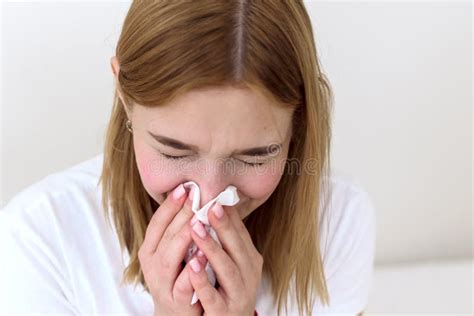 Sick Young Woman Suffers From Stuffy Nose And Sore Throat Upset Sick