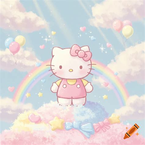 Hello Kitty In A Pink Heart Dress Stands In A Vibrant Field With