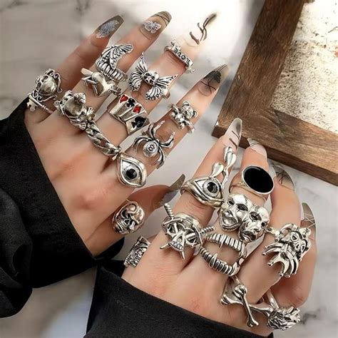 24 Pcs Gothic Goth Emo Rings Set Grunge Alternative Depop