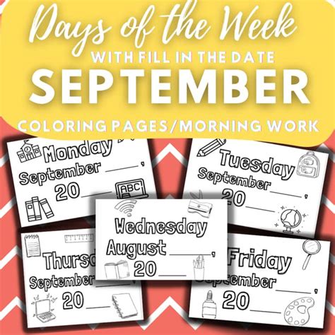Days Of The Week Coloring Page W Fill In The Date Aug Nov Tpt