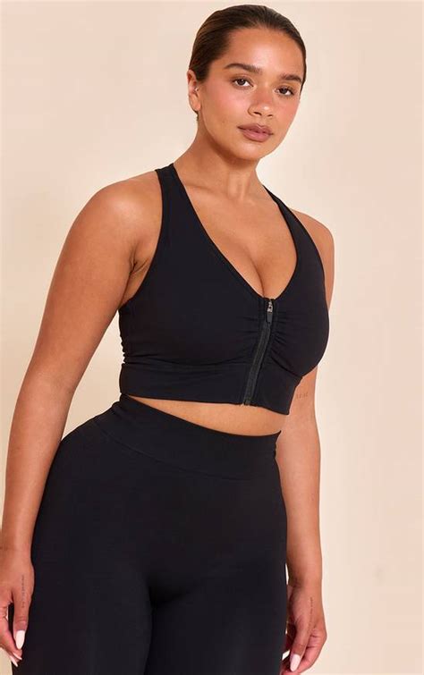 Black Active Ruched Zip Front Cupped Sports Bra Prettylittlething Au