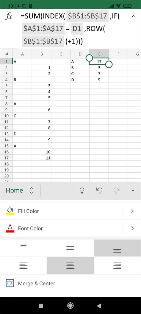 Excel Formula For Summing All Values Situated Right Under Each Match Of
