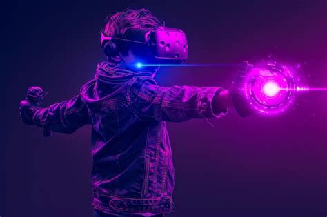 Immersed In Virtual Reality Boy In Dark Purple Environment Premium Ai