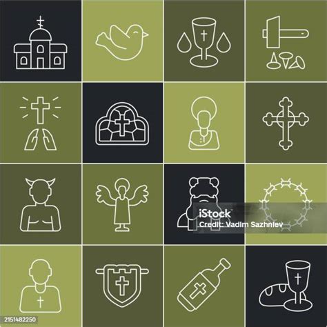 세트 라인 잔과 빵 가시 면류관 기독교 십자가 성배 스테인드 글라스 손기도 위치 교회 건물 및 예수 아이콘 벡터 Krampus에 대한 스톡 벡터 아트 및 기타 이미지