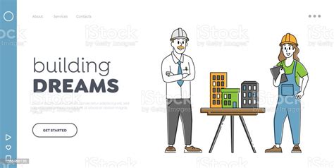 아키텍처 프로젝션 방문 페이지 템플릿입니다 건축가 빌더 엔지니어 캐릭터 제시 모델 의 집 포먼 건축에 대한 스톡 벡터 아트 및