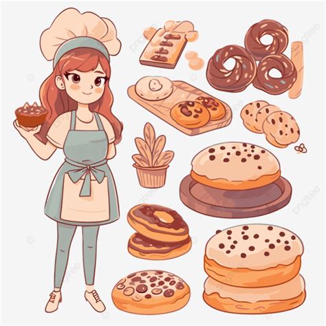 Cute Bakery Vector Sticker Clipart Bakery Girl With Dozens Of Pastry Items Cartoon Sticker