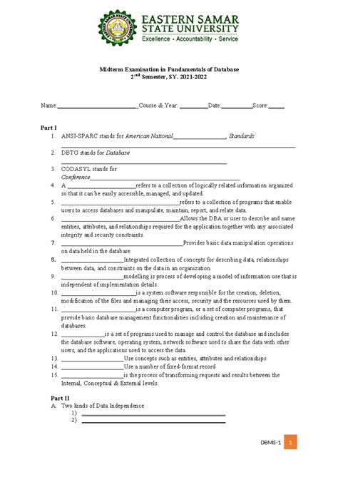 Midterm Examination Dbms Midterm Examination In Fundamentals Of Database 2nd Semester Sy