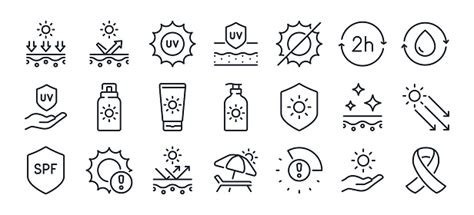 자외선 차단제와 자외선 차단 개념은 흰색 배경 평면 벡터 그림에 분리된 편집 가능한 획 윤곽선 아이콘입니다 완벽한 픽셀 64
