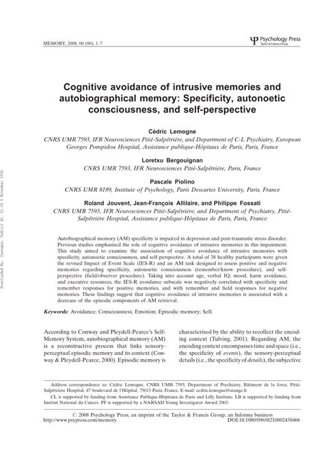Pdf Cognitive Avoidance Of Intrusive Memories And Autobiographical Memory Specificity