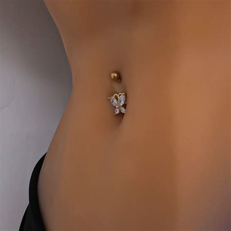 Surgical Stainless Steel Gold Tone Crystal Butterfly Navel Ring