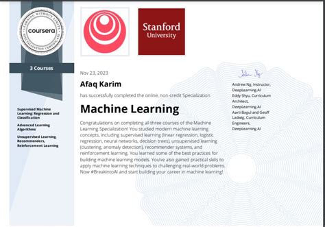 completed machine learning specialization afaq karim posted on the topic linkedin