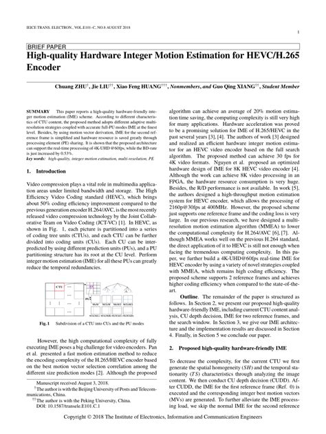Pdf High Quality Hardware Integer Motion Estimation For Hevch265 Encoder