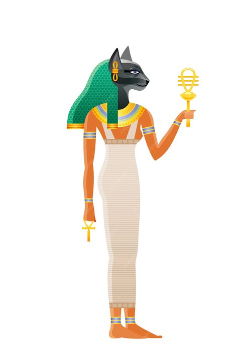 고대 이집트의 여신 Bastet 고양이 머리와 신 오래 된 아트 스타일의 만화 그림입니다 프리미엄 벡터