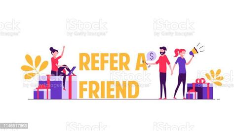 친구 벡터 일러스트 레이 션 개념을 참조 하십시오 젊은 남자와 여자의 그룹은 돈과 선물에 대 한 고객을 끈다 친구를 위한 추천